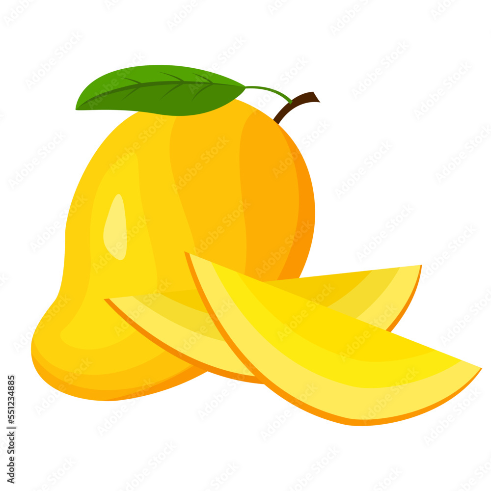 Set of fresh whole, half, cut slice mango fruits with leaves isolated ...