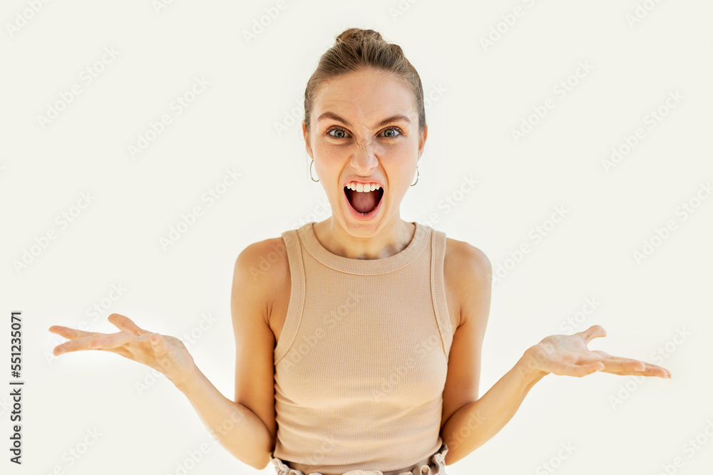 Horizontal portrait of frustrated, angry and extremely furious female ...