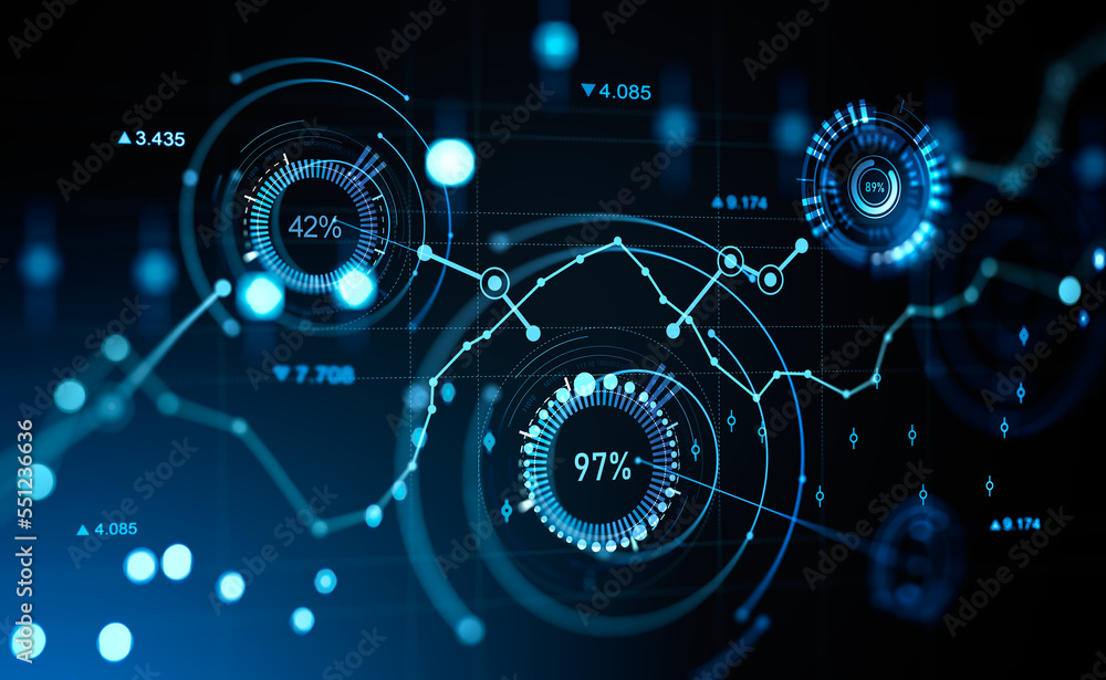 Digital business data chart with percentage circles and lines Stock ...