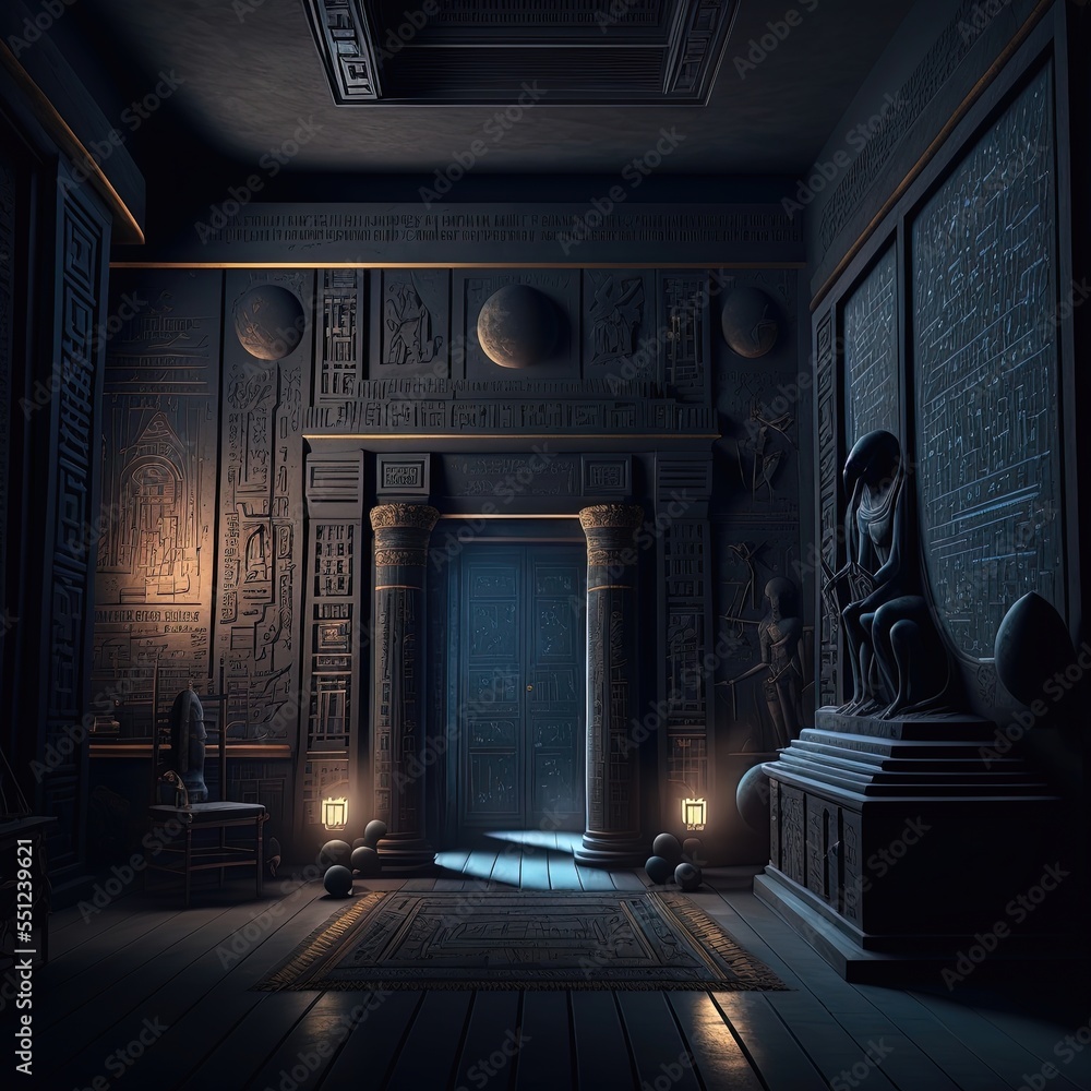Black room interior in ancient Egyptian style, gold decor, fantasy ...