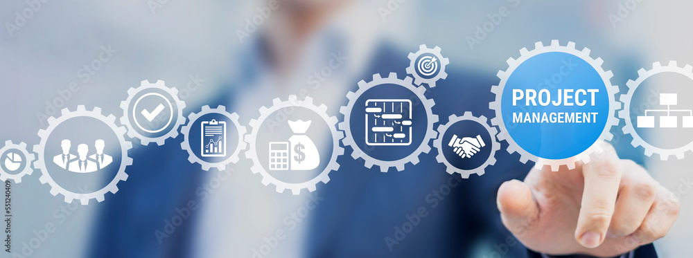 Project management processes and tools with project manager touching ...