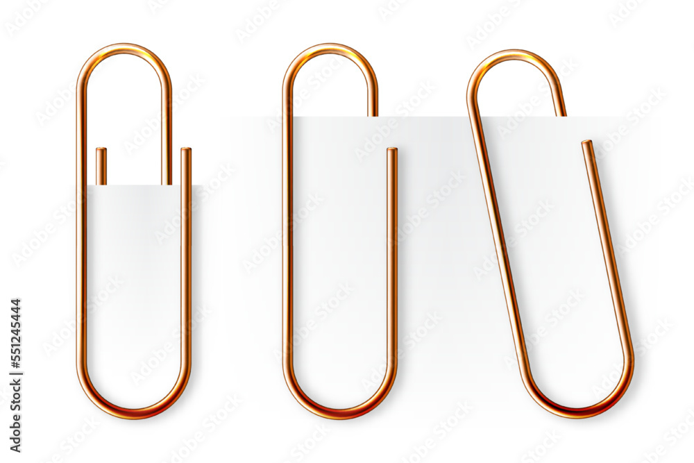 Realistic copper paperclip attached to paper isolated on white ...