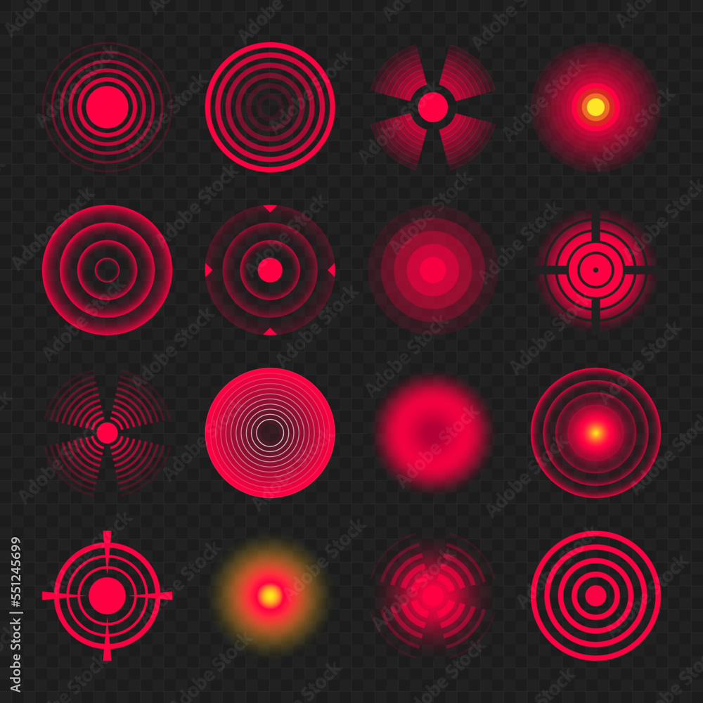Pain localization marks. Painful area, aching spot. Red circles ...