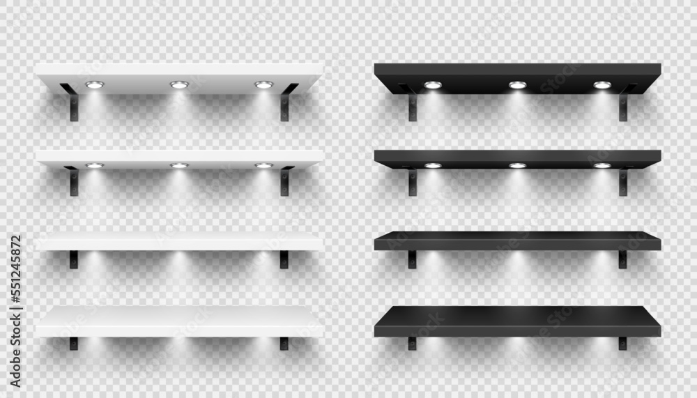 Realistic store shelves with wall mount and lighting, spotlights. Empty ...