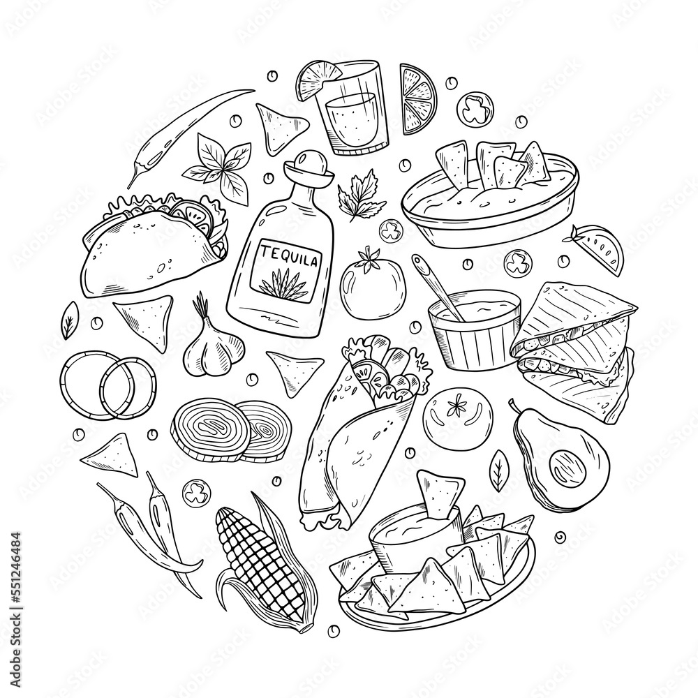 Set of Mexican traditional food. Cuisine mexicaine. Linear graphics ...