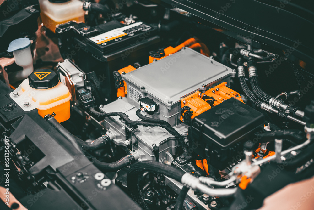 EV engine car motor under hood electric vehicle high power and ...