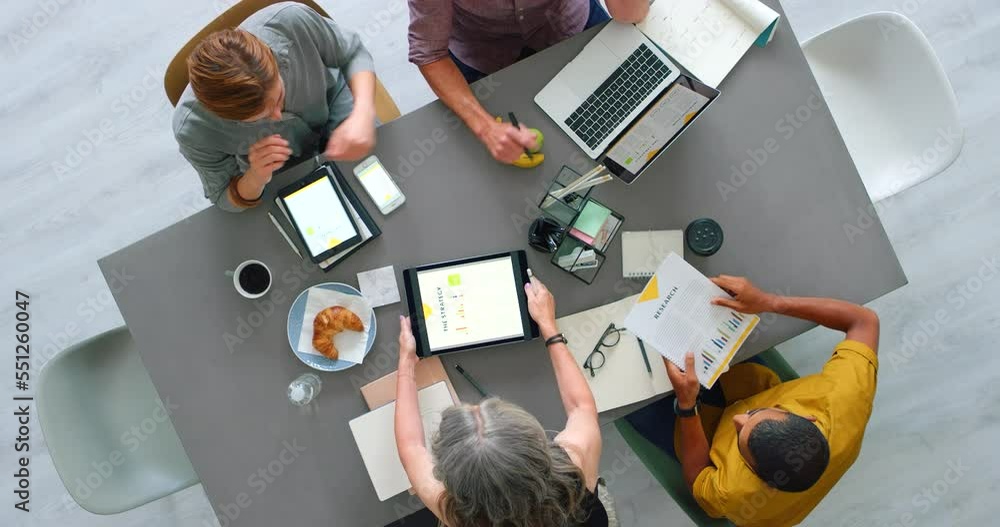 Collaboration, team and working in office top view for marketing ...