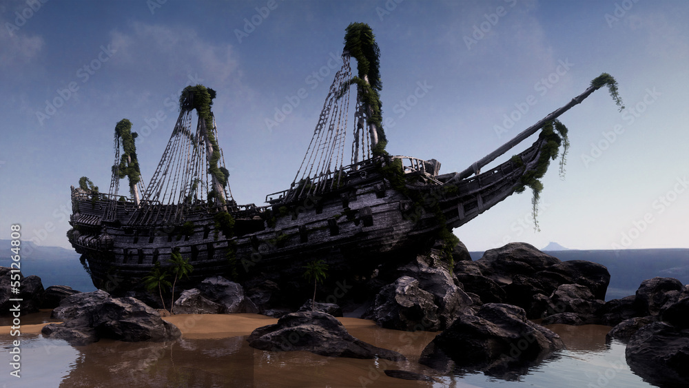 Old rotting wooden pirate ship wreck stranded on rocks by the sea. 3D ...