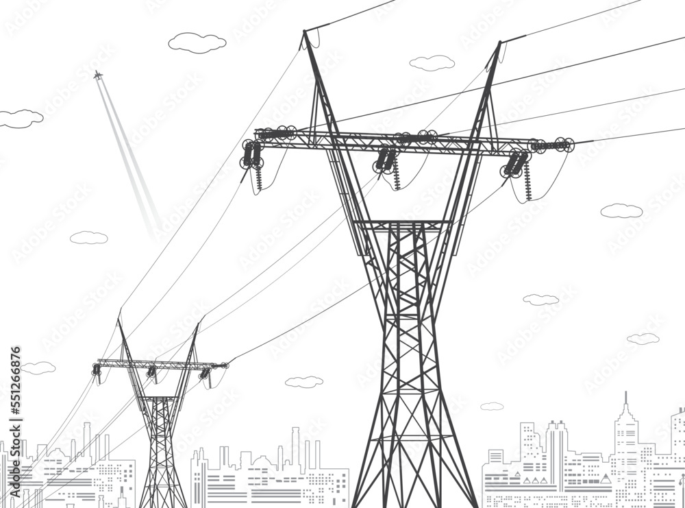 High voltage transmission systems. Electric pole. Power lines. A ...