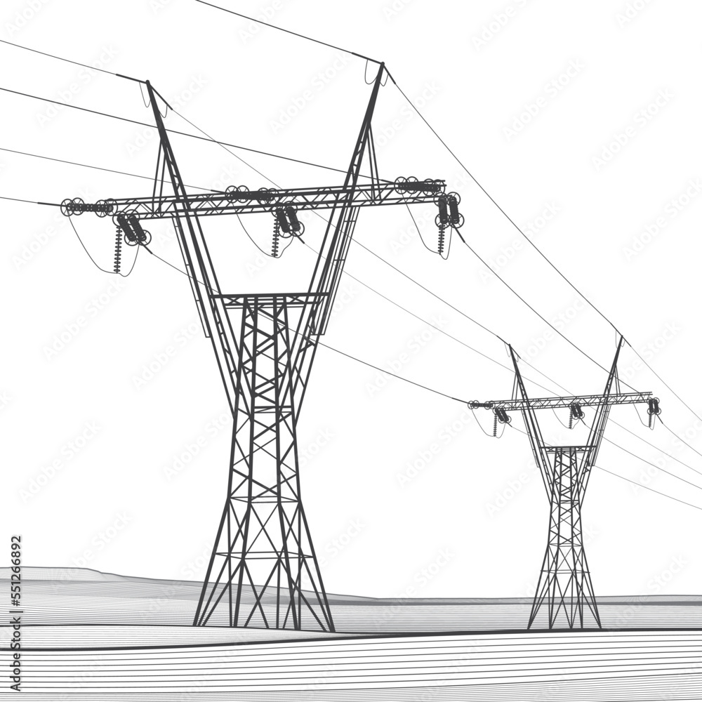 High voltage transmission systems. Electric pole. Power lines. A ...