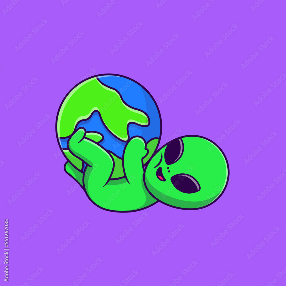 Cute Alien Playing Earth Cartoon Vector Icons Illustration. Flat ...