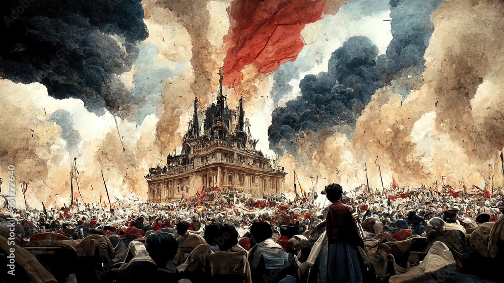 watercolored styled of the french revolution, a lot of people standing ...