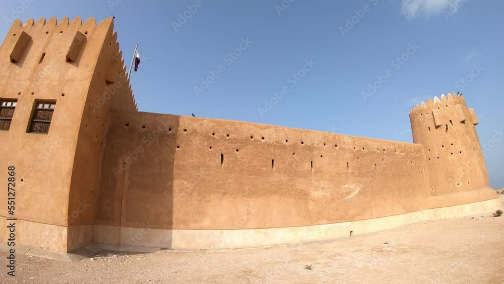 Travel in North of Qatar at Al Zubara Fort. Entrance of old castle, a ...