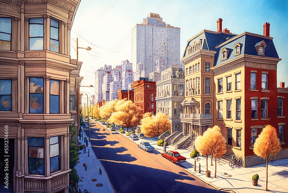 Retro illustration, 1960s cityscape, cartoon town, vehicles on road ...