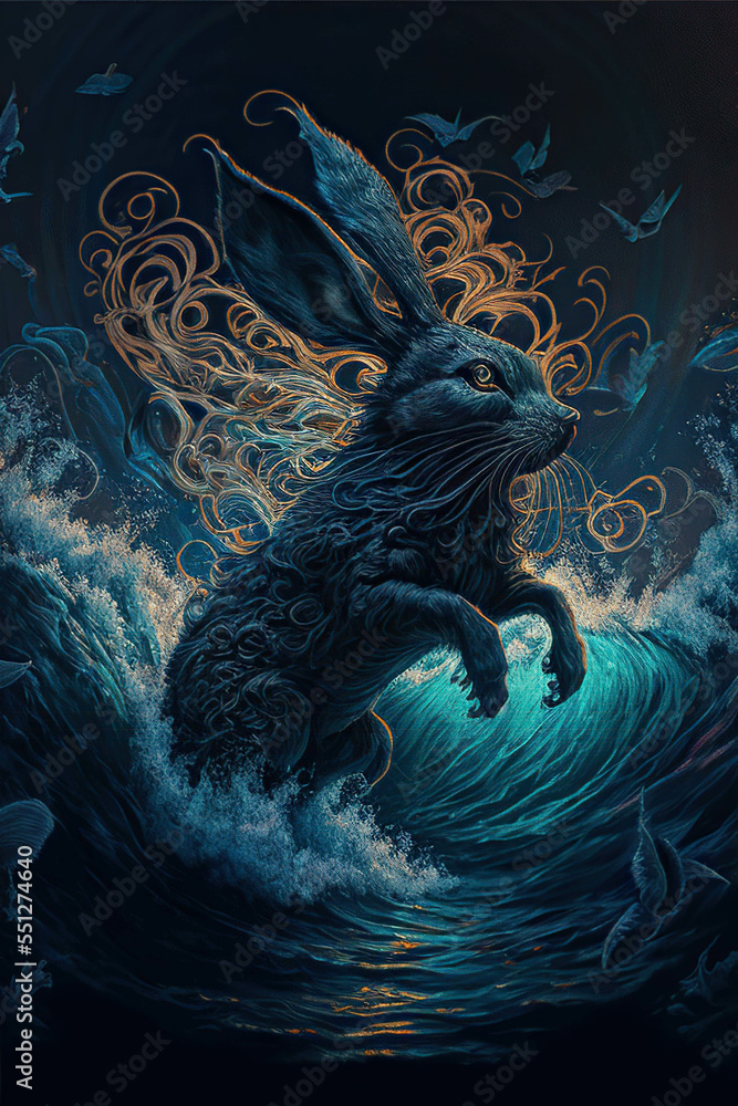 Black rabbit with patterns in the ocean waves, dark background, fantasy ...