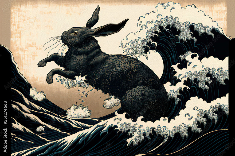 Black rabbit jumping on the great wave, black water rabbit, light ...