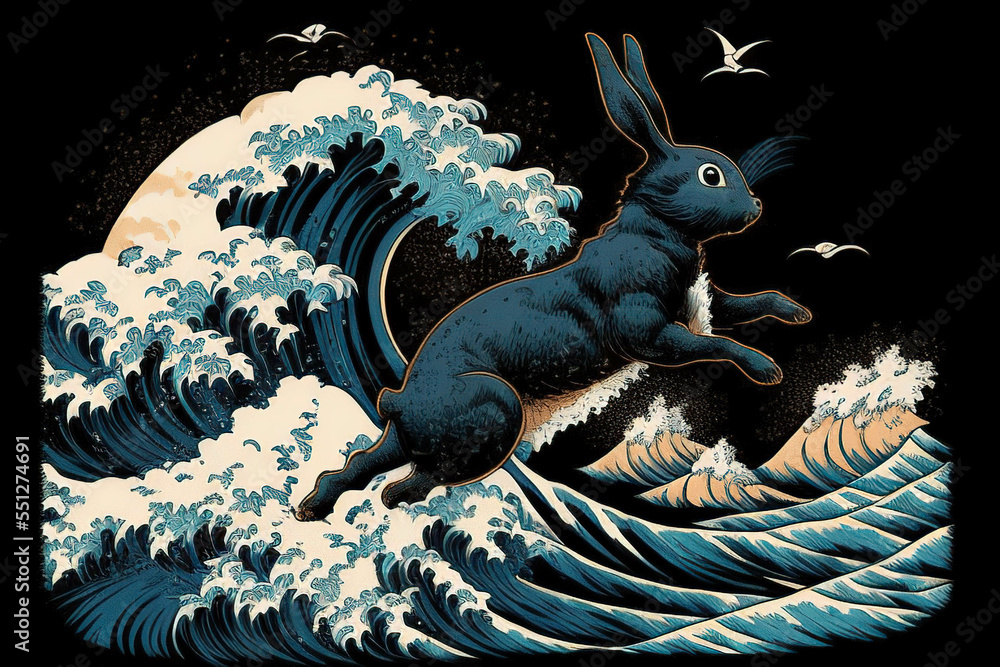 Black rabbit jumping on the great wave, black water rabbit, dark sky ...