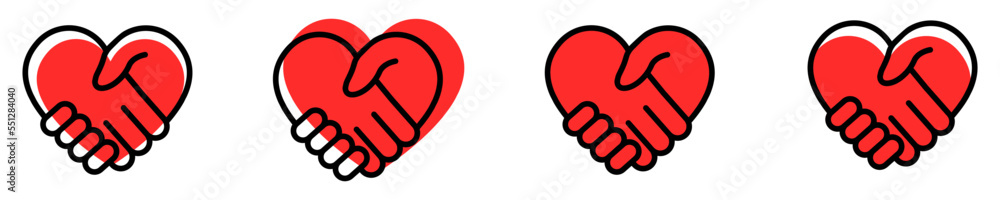 Abstract set with red handshakes heart vector icons. Sign friendship or ...