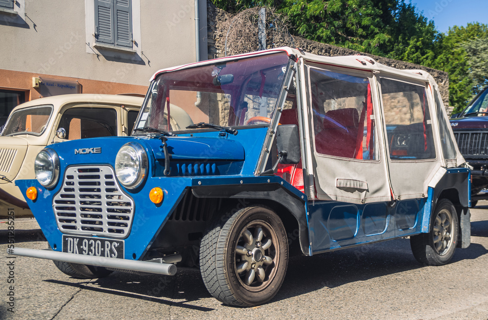 Loriol sur Drome, France - 17 September, 2022: Vintage Blue Mini Moke ...