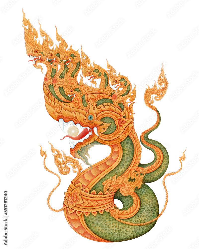 Naga of Hand-Drawn Line Art of in Thai Art Style of Religious Buddhism ...