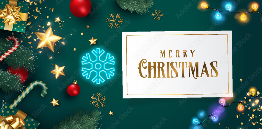 Festive green Christmas celebration background layout with decorations ...