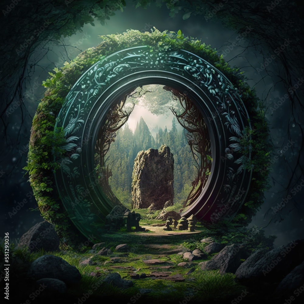 Raster illustration of a portal in the clearing in the forest ...