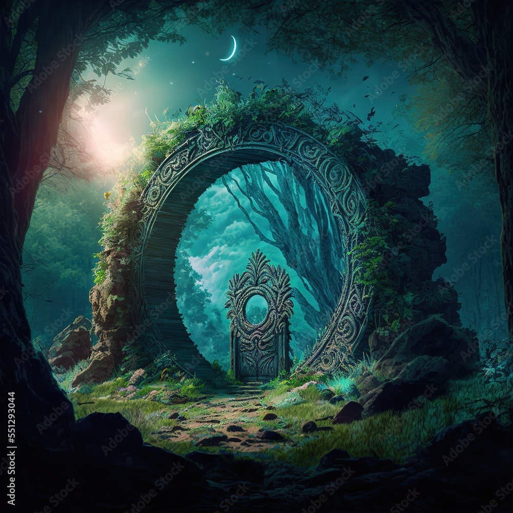 Raster illustration of a portal in the clearing in the forest ...