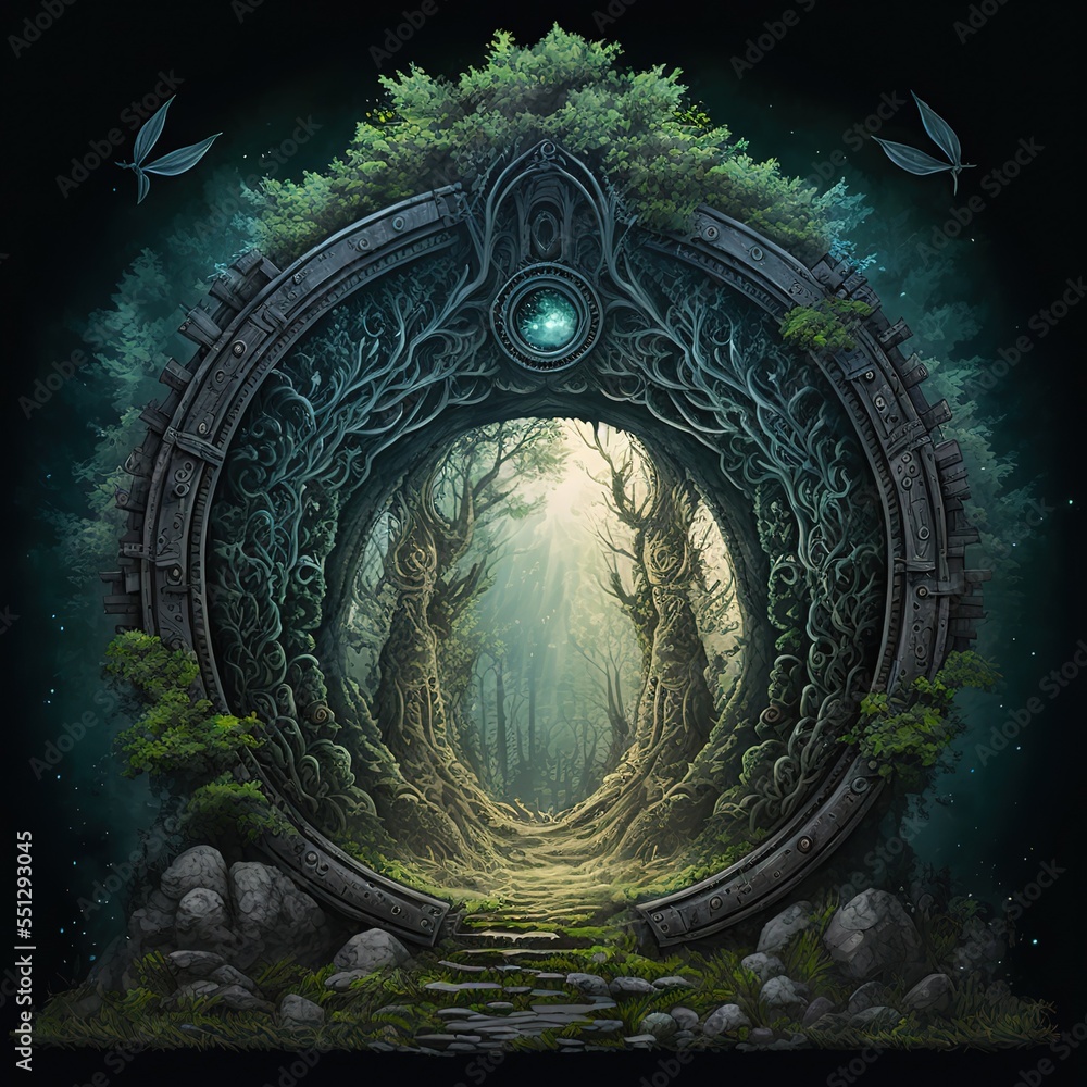 Raster illustration of a portal in the clearing in the forest ...