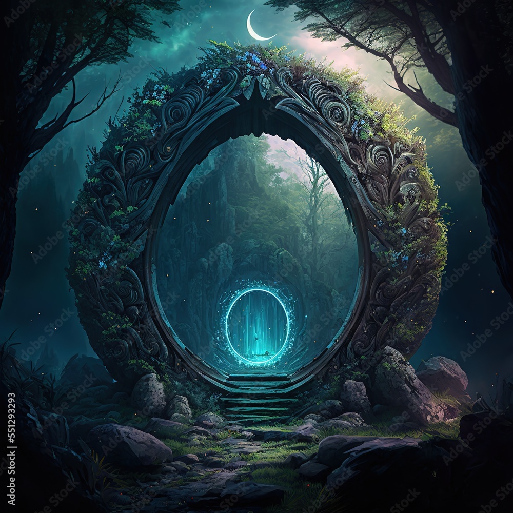 Raster illustration of a portal in the clearing in the forest ...