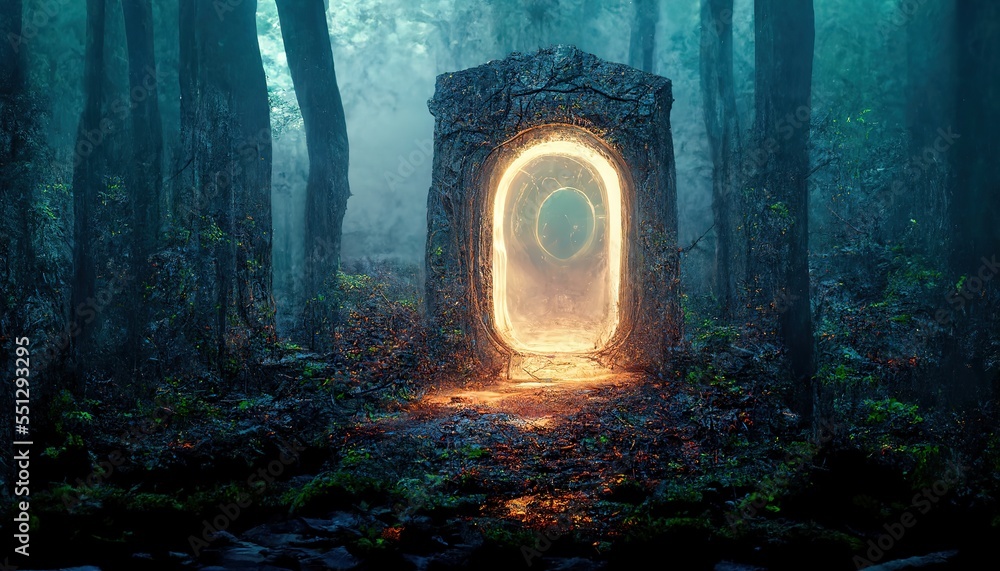 Raster illustration of a portal in the clearing in the forest ...