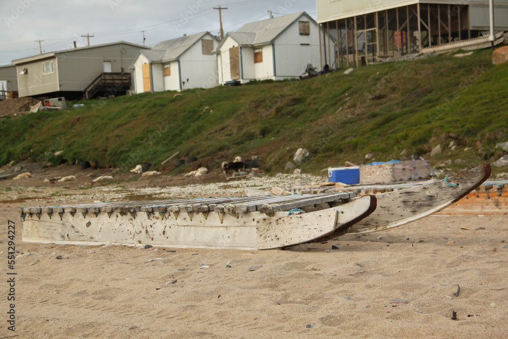 Side view of a traditional Inuit cargo sled or Komatik in the Copper ...