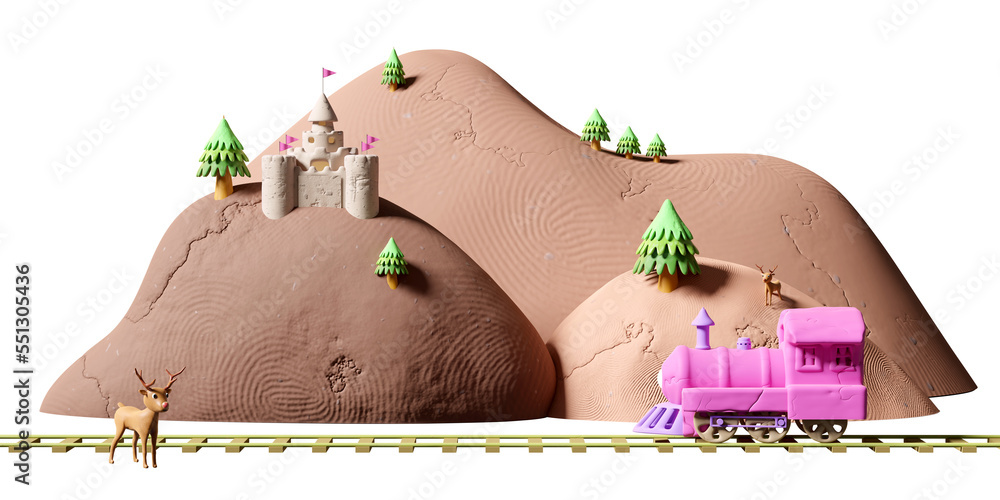 3d locomotive plasticine with railroad tracks, steam train transport ...