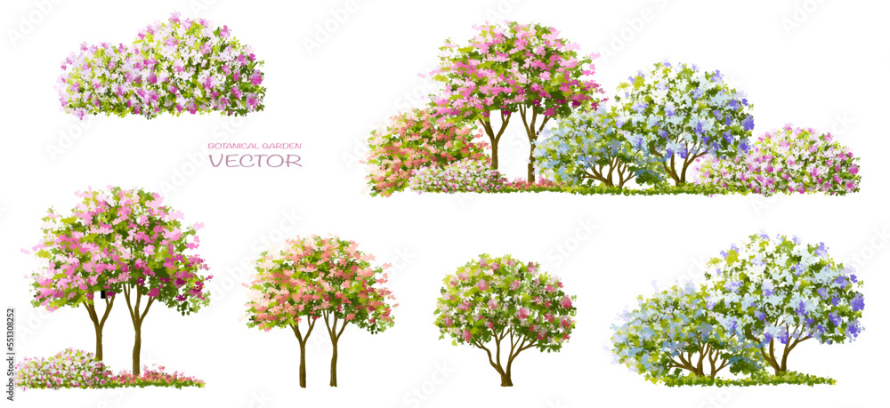 Vector watercolor blooming flower,tree or forest side view isolated on ...