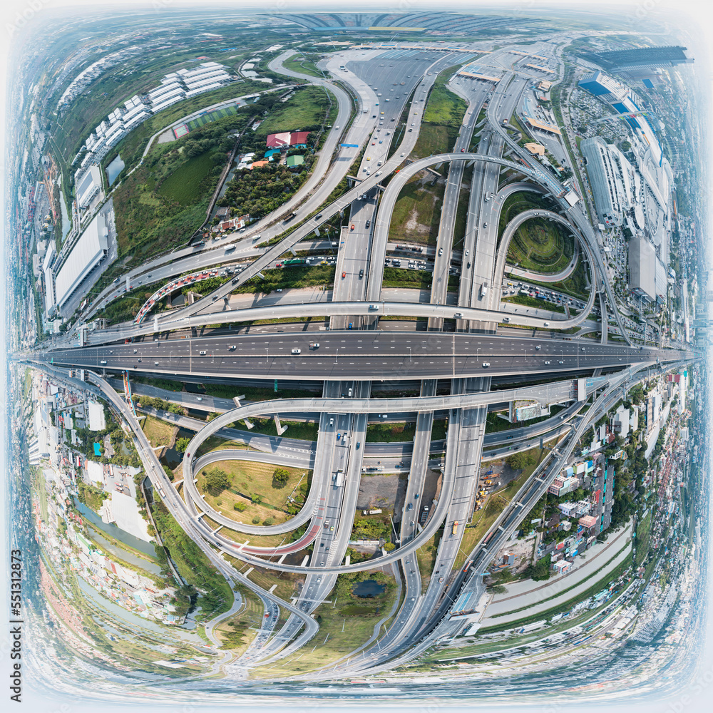 360 Degree square panorama of Multilevel junction motorway top view ...