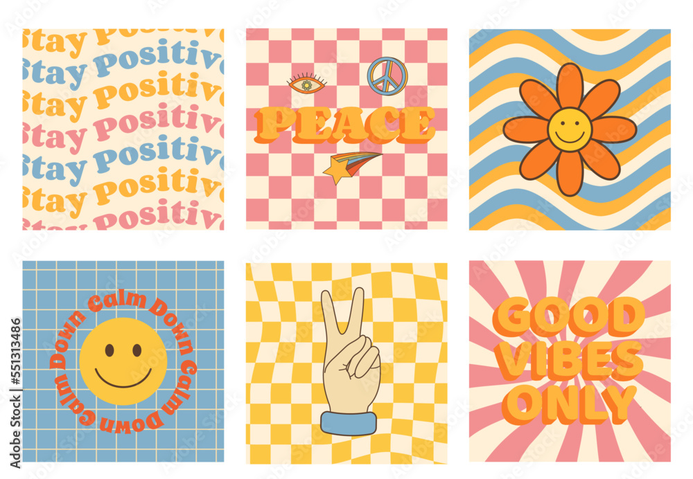 Retro groovy set card 60s-70s style. Daisy flowers, smile face ...