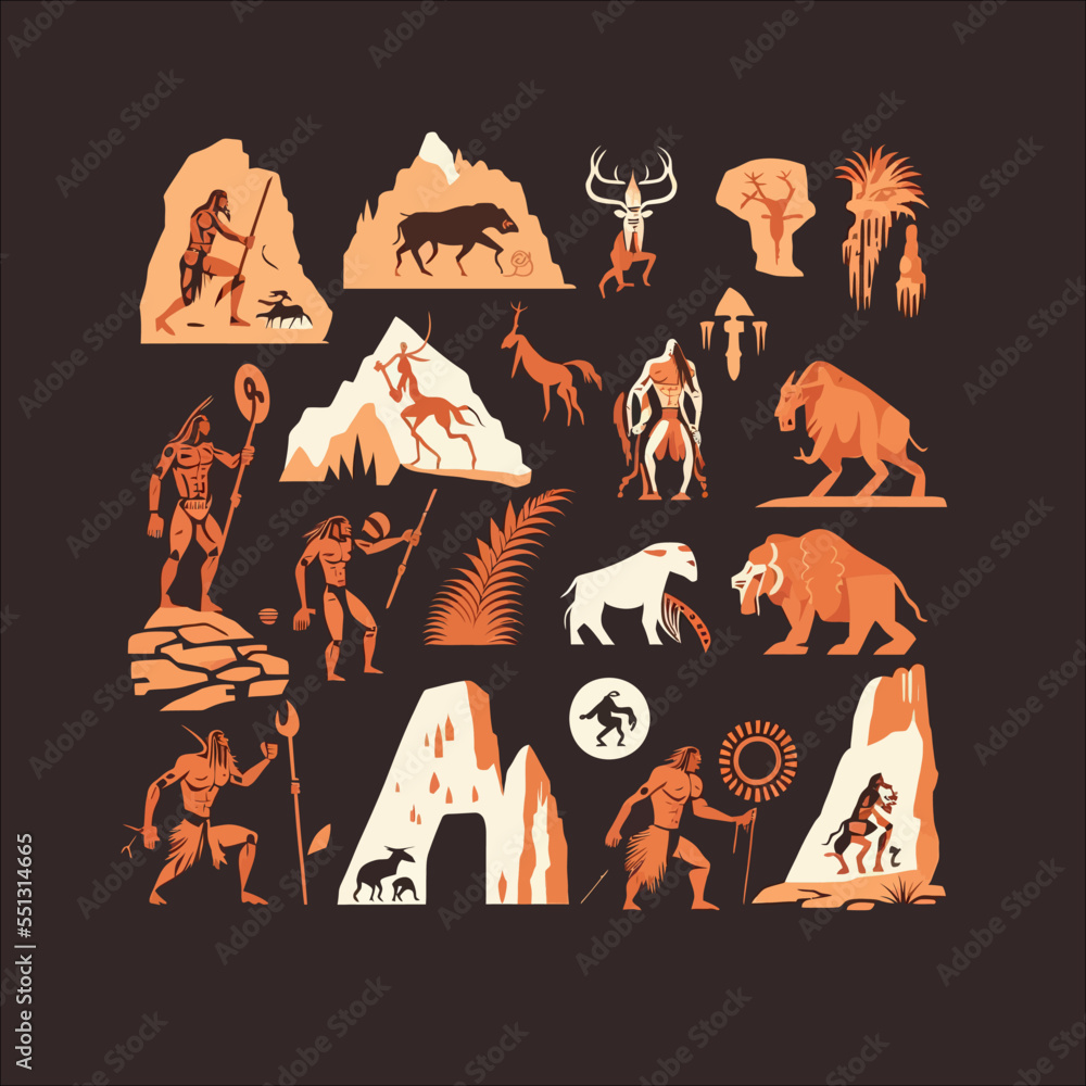 Prehistoric stone age people, tools and ancient wild animals isolated ...