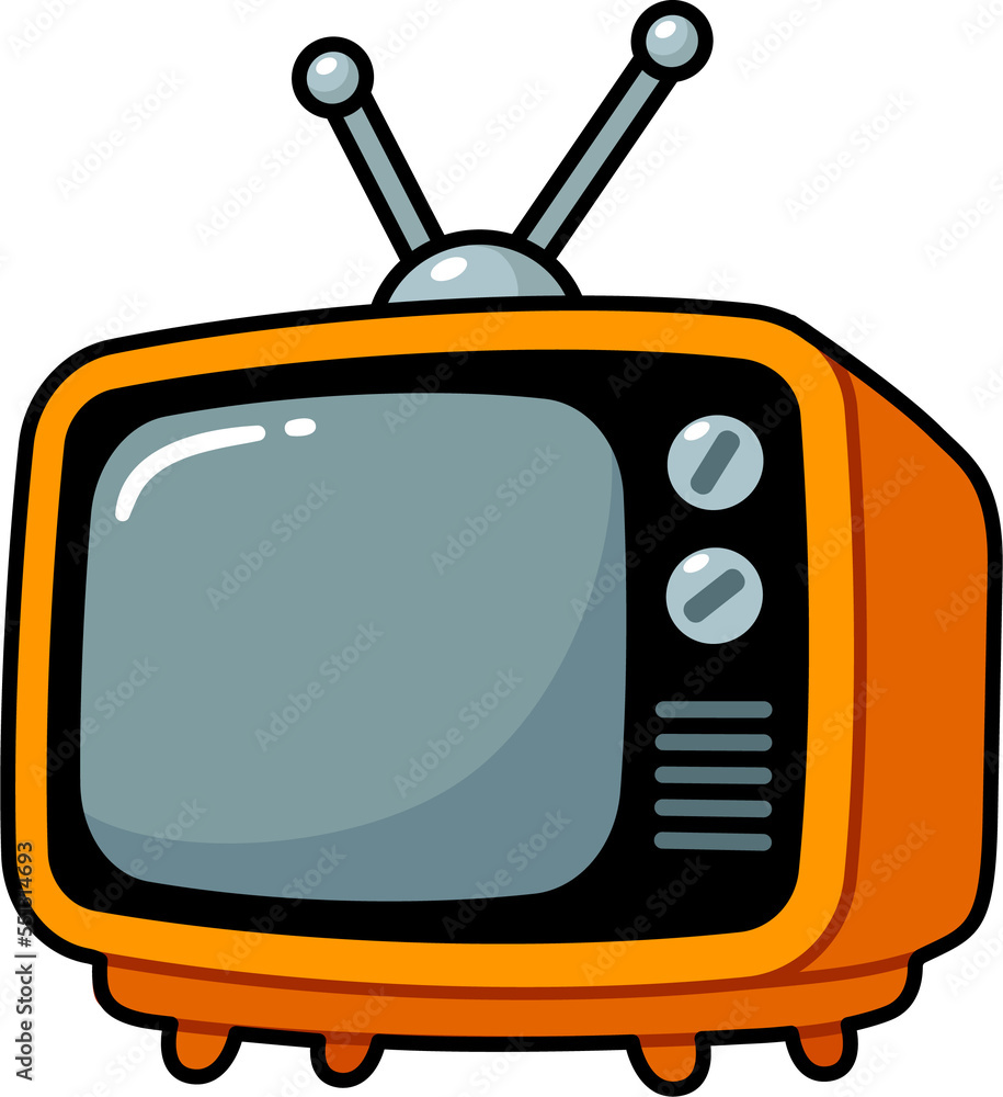 Vintage television set in cute cartoon style. Orange TV with antenna ...