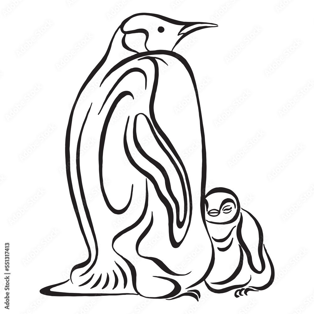 Penguin with a cub. Pair of penguins black and white one line ink ...