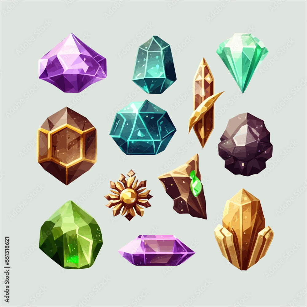 Magic crystals, precious gemstones with glow and sparkles. Flat cartoon ...