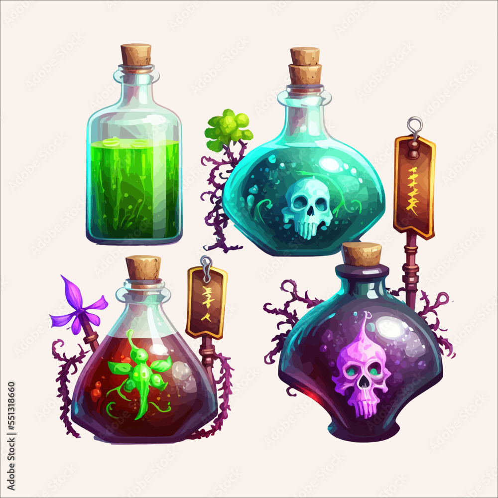 Potion bottles with magic elixir and tags, cartoon glass flasks. Flat ...