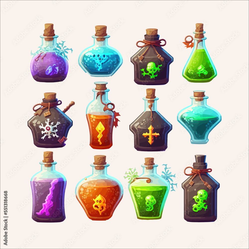 Potion bottles with magic elixir and tags, cartoon glass flasks. Flat ...