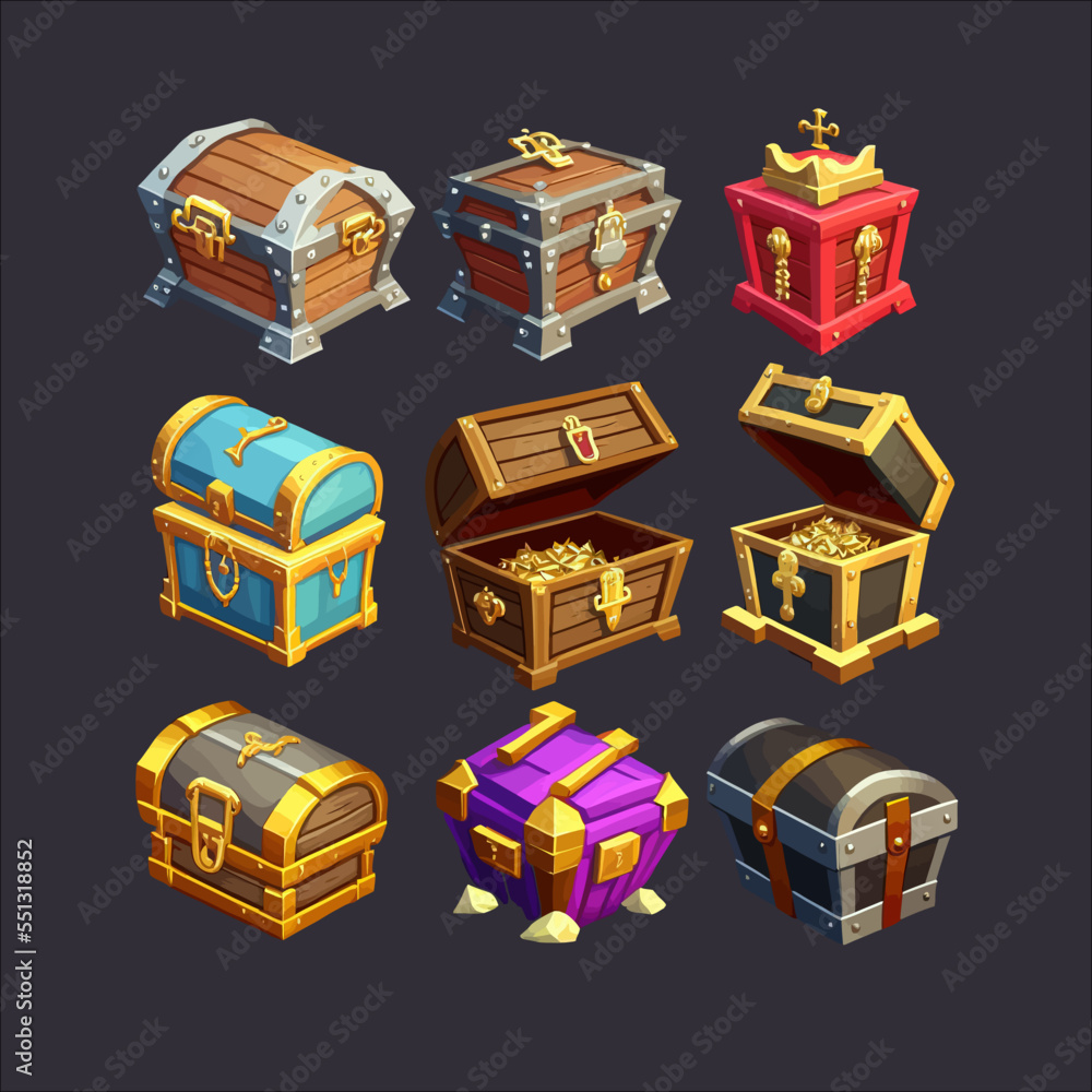 Treasure chests, game trunks, wooden boxes. Pirate loot, gui design ...
