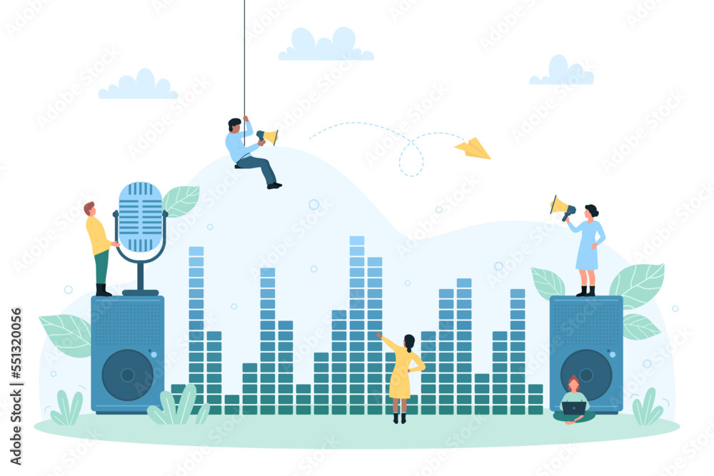 Volume sound technology vector illustration. Cartoon tiny people listen ...