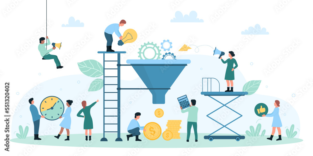 Sales funnel, digital marketing vector illustration. Cartoon tiny people work with cone funnel ...