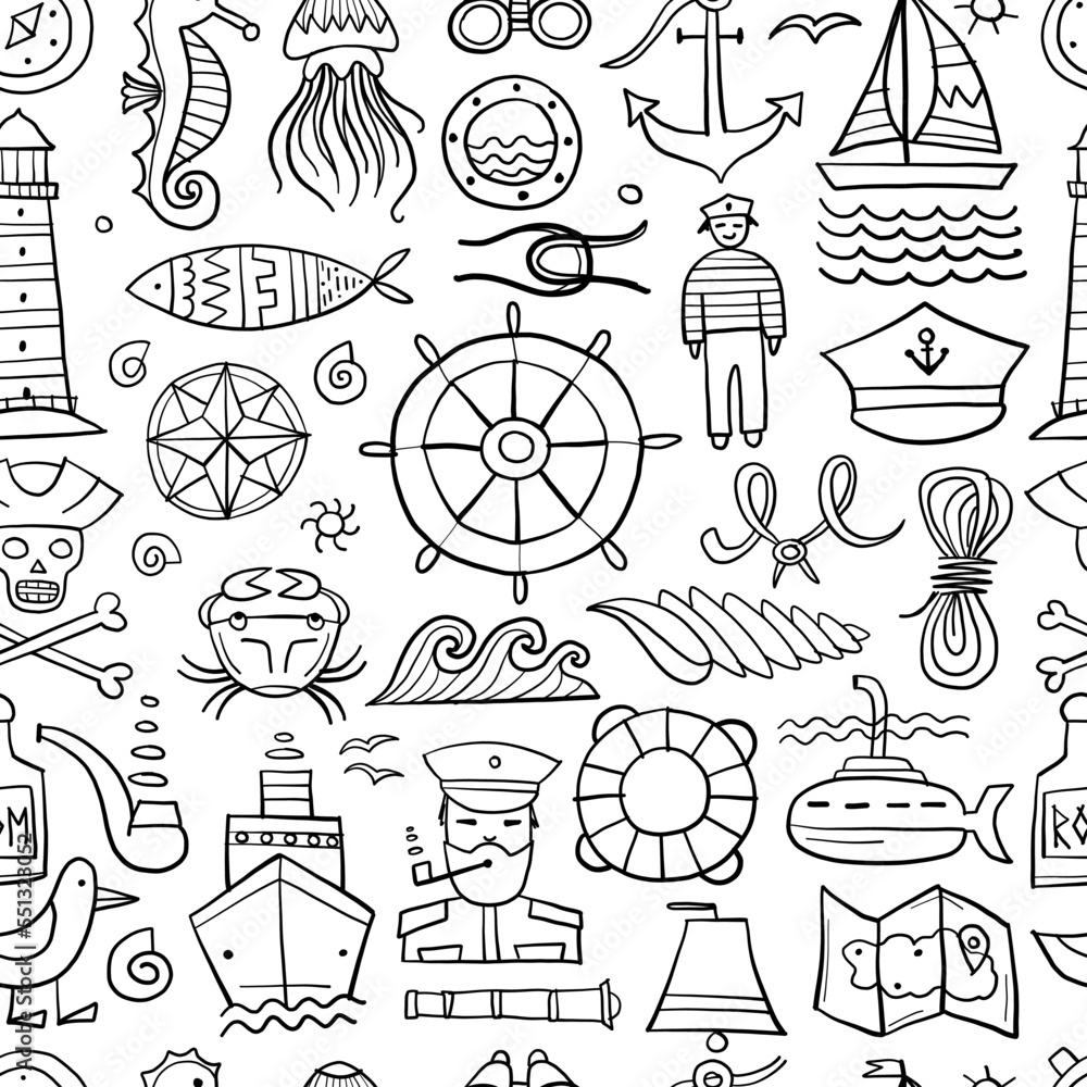 Nautical icons of navigator, ship and captain, lighthouse and sailor ...