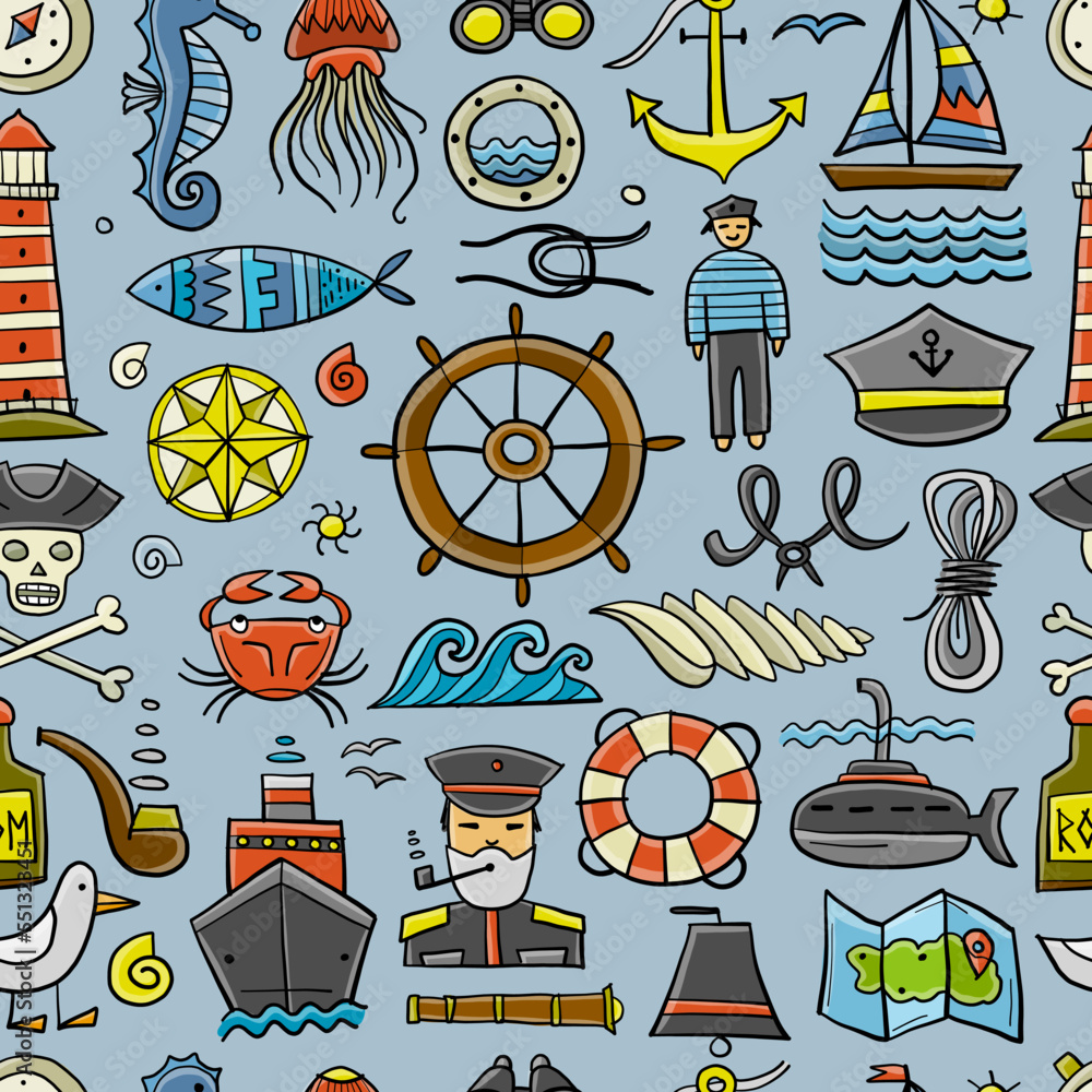 Nautical icons of navigator, ship and captain, lighthouse and sailor ...
