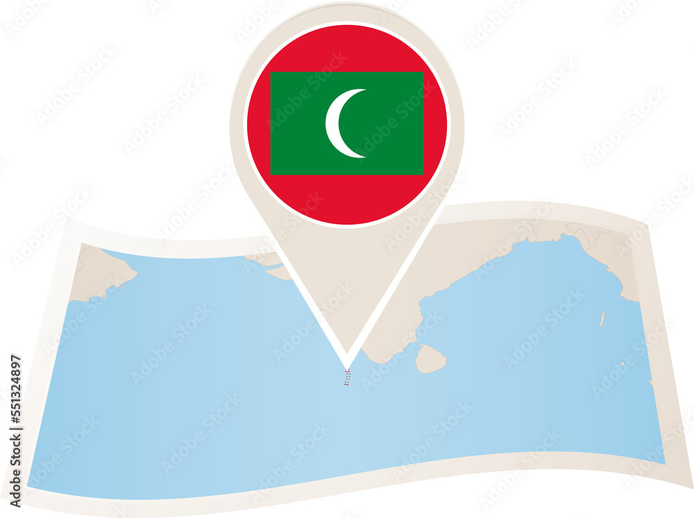 Folded paper map of Maldives with flag pin of Maldives. Stock ...