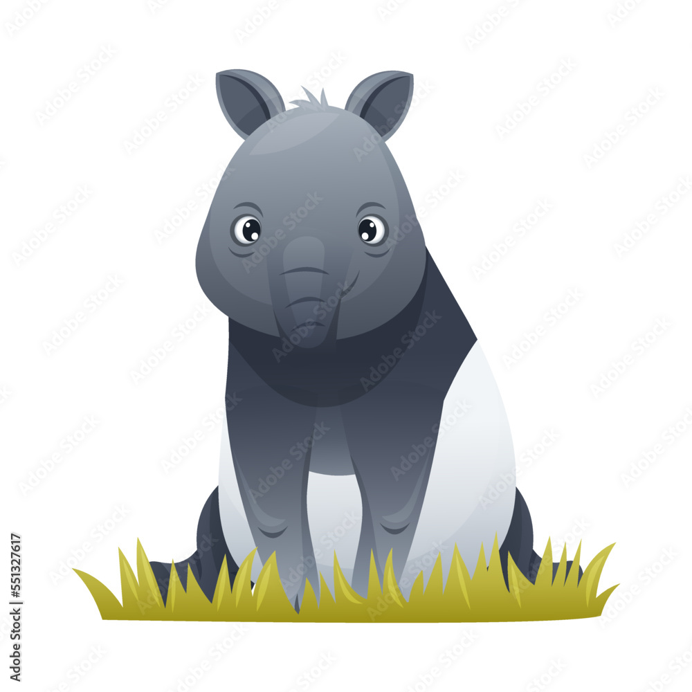 Cute Malayan Tapir Sitting in Grass as Asian Animal with White Patch ...