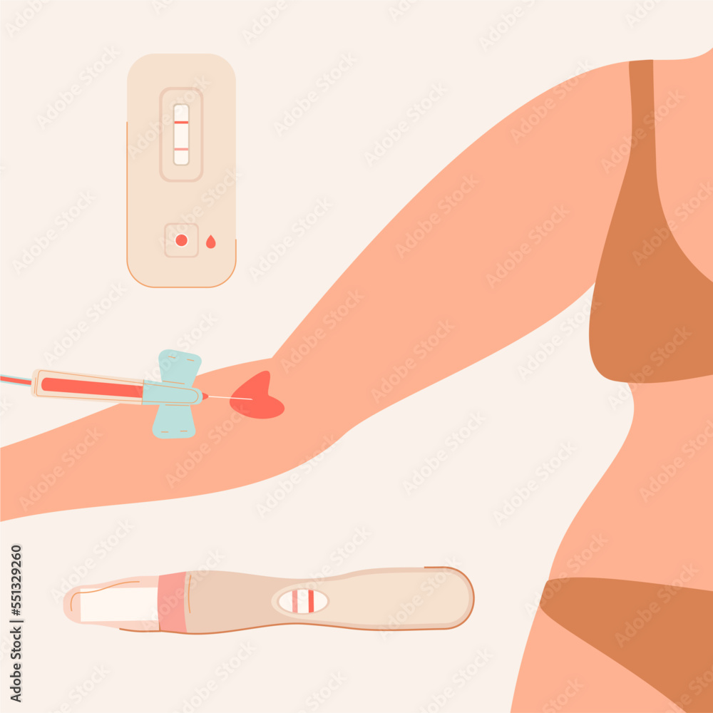 Blood test and pregnancy test concept. Urine sample analyzing kit ...