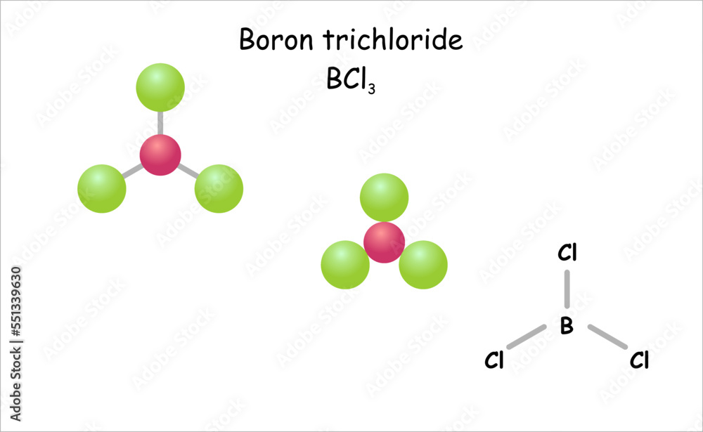 Stylized molecule model/structural formula of boron trichloride. Use as ...
